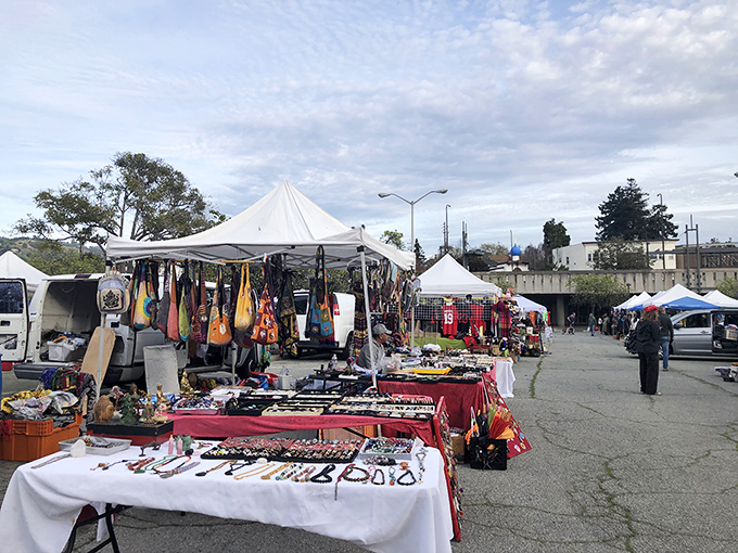 White tents stretch across the asphalt canvas, each one a portal to someone else's treasures waiting to become yours.