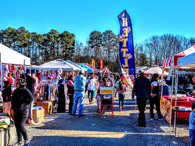 The outdoor market buzzes with weekend warriors on the hunt for bargains under Carolina blue skies. Treasure hunting is a contact sport here.