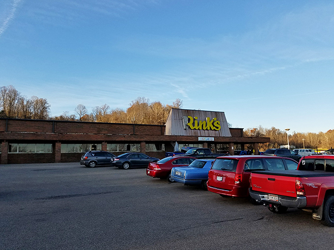 Don't let the humble exterior fool you—behind that bright yellow "Rinks" sign lies a treasure hunter's paradise waiting to be explored