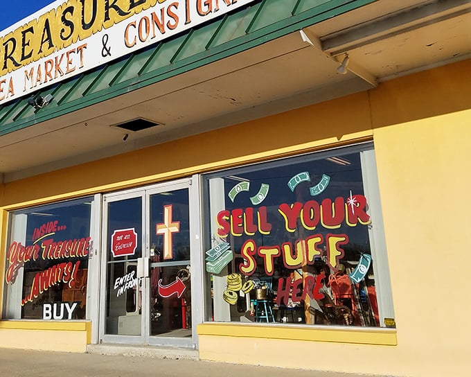 The unassuming yellow exterior of Treasures Indoor Flea Market promises little but delivers big—like finding an extra onion ring in your fries.