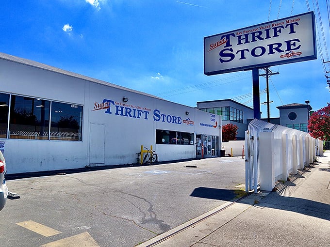 The unassuming exterior of Super Thrift Store beckons with its classic blue signage—proof that treasure hunting doesn't require a fancy storefront.