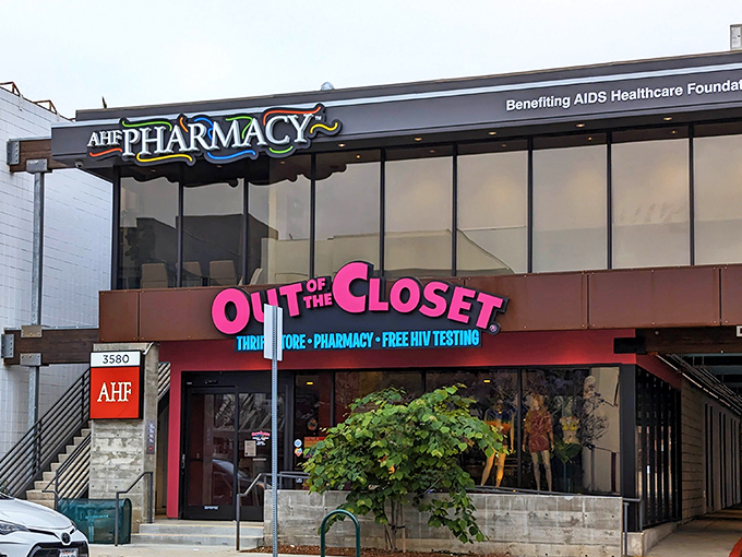 The bold pink and teal signage announces this isn't your average shopping experience—it's retail therapy with a mission.