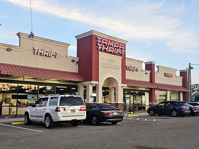 The unassuming storefront of Tampa Thrift beckons bargain hunters with its bold signage – like a treasure chest disguised as a strip mall tenant.