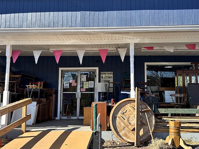 The blue building with pink pennants might not scream "treasure trove" from the outside, but inside awaits a bargain hunter's paradise that would make Marie Kondo both thrilled and terrified.