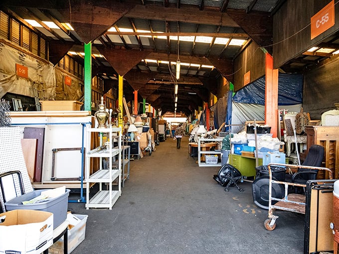 Treasure hunters navigate the endless aisles of Denio's, where neon work vests meet vintage fashion in a shopper's paradise that stretches to the horizon. 