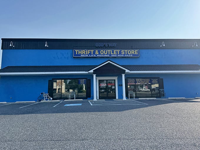 The blue and white sign says it all – treasure hunting begins here, where your wallet gets a vacation while your shopping cart doesn't.