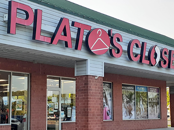 The unassuming brick exterior of Plato's Closet in Newark hides a treasure trove of fashion finds waiting to be discovered.