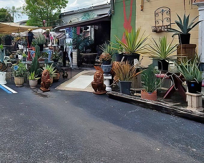 The entrance to OddBalls is like Mother Nature's garage sale – potted plants, garden sculptures, and tropical greenery creating a jungle of possibilities before you even step inside.