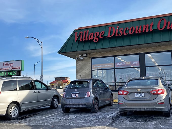 The green-roofed bargain paradise beckons with its bold red signage, promising treasures that won't empty your wallet. Thrift nirvana awaits!