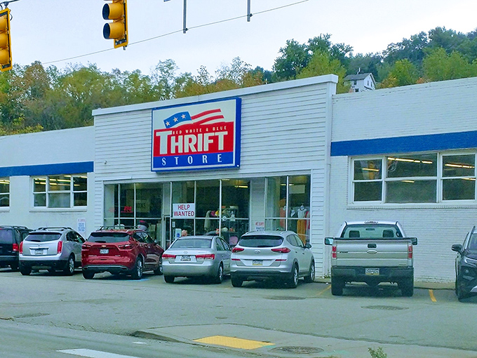 The unassuming exterior of Red White and Blue Thrift Store belies the treasure trove waiting inside. Pittsburgh's bargain hunters know this patriotic facade means serious savings ahead.