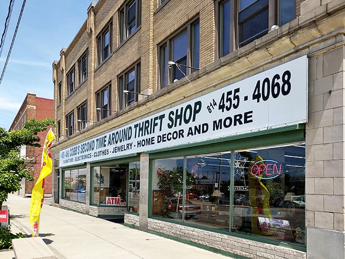 The iconic yellow-brick façade of Cobb's beckons bargain hunters with its green-trimmed entrance – a portal to treasure hunting adventures in Erie.