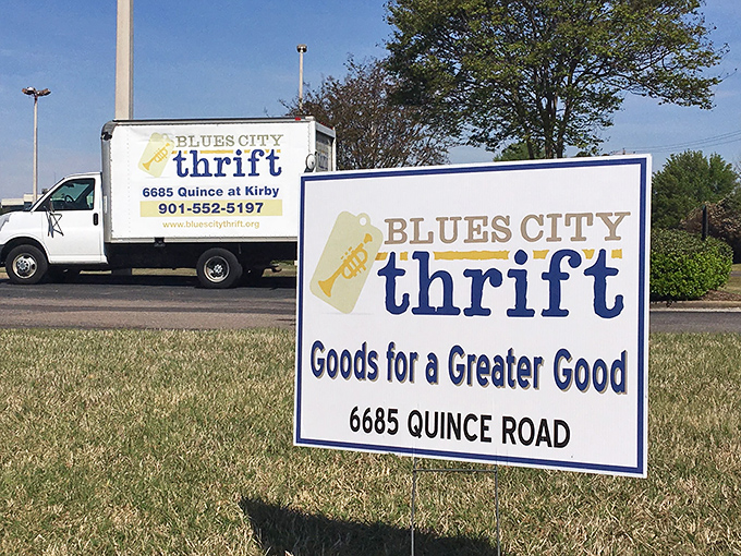 Blues City Thrift Store's exterior promises treasures within – and that tag line isn't kidding around.