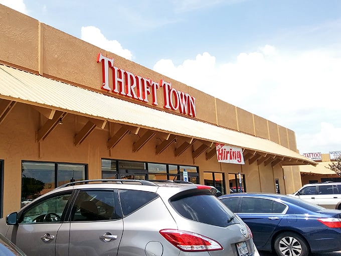 The unassuming tan façade with bold red lettering – like a treasure chest disguised as a shoebox. Your wallet's new best friend awaits inside.