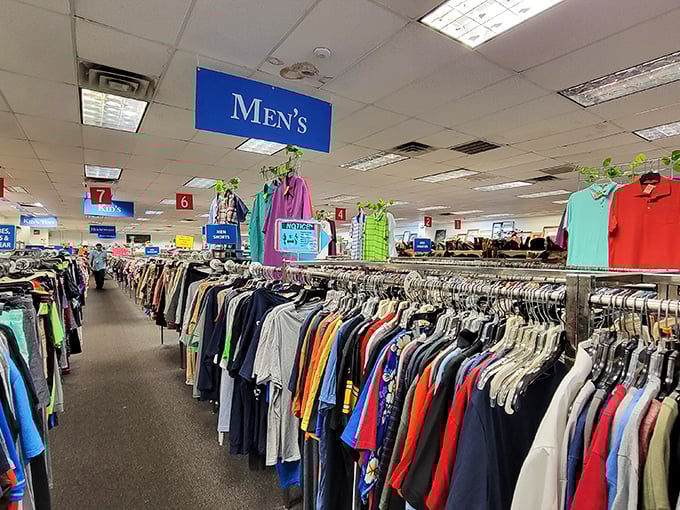 The unassuming exterior of DAV Thrift Store hides a treasure trove within. Like finding the wardrobe to Narnia, but with vintage bargains instead of talking lions.