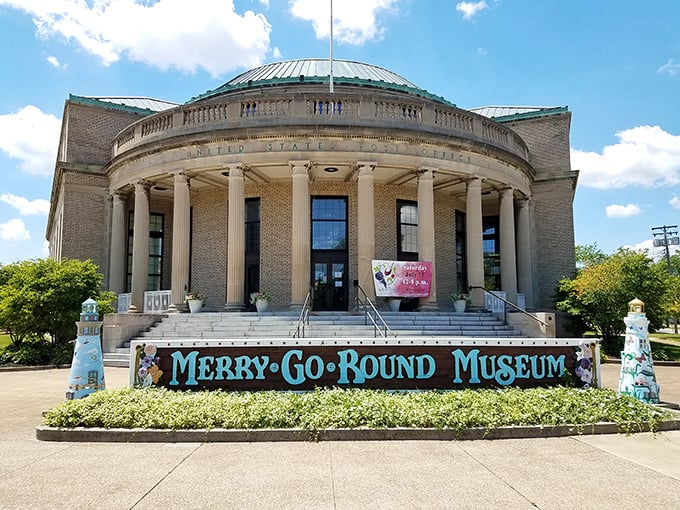 The grand Neoclassical building houses whimsy instead of tax forms – a perfect architectural plot twist for a carousel museum.