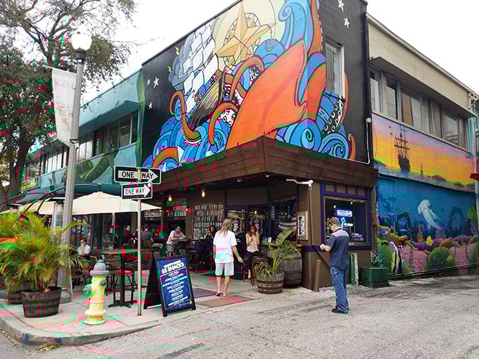 The vibrant nautical mural adorning The Galley's exterior isn't just art—it's a colorful promise of the seafood treasures waiting inside.