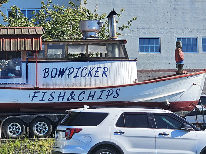 The Columbia sits proudly on dry land, ready to serve seafood dreams to hungry landlubbers.