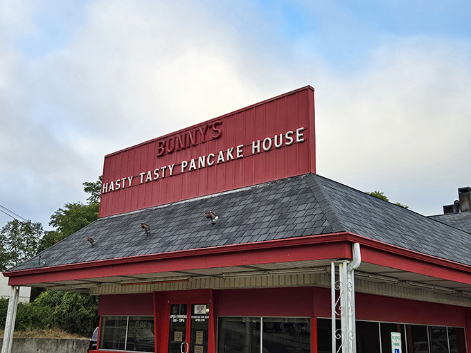 The bright red roof of Bunny's Hasty Tasty stands out like a beacon of breakfast hope against the Ohio sky.