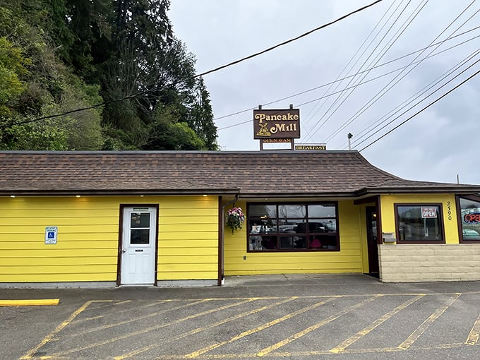 The bright yellow exterior of Pancake Mill isn't trying to win architectural awards—it's too busy perfecting breakfast. This cheerful roadside beacon has "slam on your brakes" written all over it.