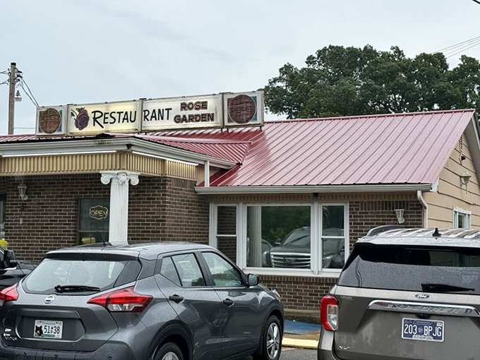 The unassuming brick exterior of Rose Garden Restaurant stands as a beacon of breakfast hope along the Tennessee highway—no fancy frills, just honest food awaiting inside.
