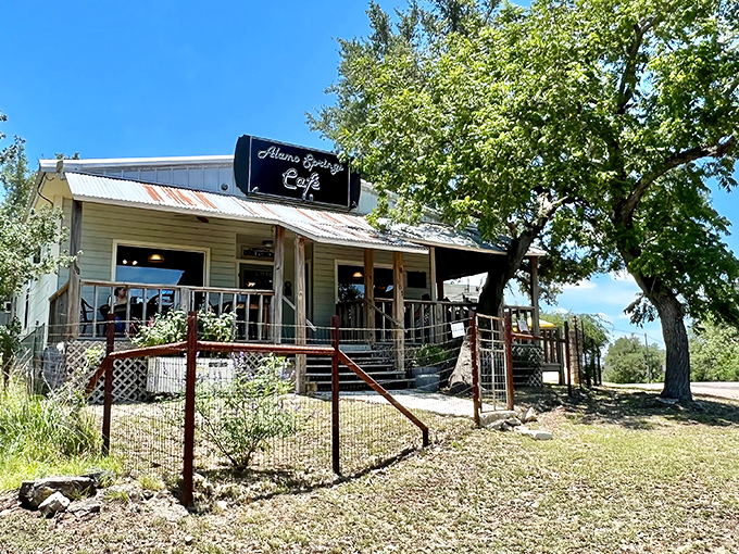 The unassuming red exterior of Alamo Springs Café stands like a burger beacon in the Hill Country wilderness. Texas food pilgrims know: appearances can be deliciously deceiving.