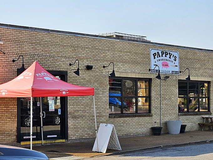 The unassuming brick exterior of Pappy's Smokehouse—where smoke signals rise daily, beckoning hungry pilgrims to this St. Louis BBQ sanctuary.