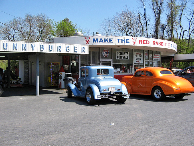 Classic cars and a vintage vibe – the Red Rabbit's curved white exterior isn't retro by design, it's authentic by survival.