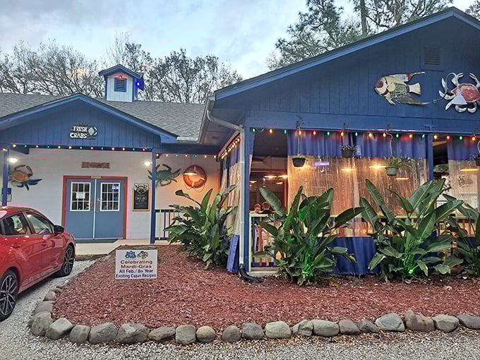 The blue coastal charm hits you before you even walk in—tropical plants, string lights, and decorative crabs promising seafood paradise awaits.