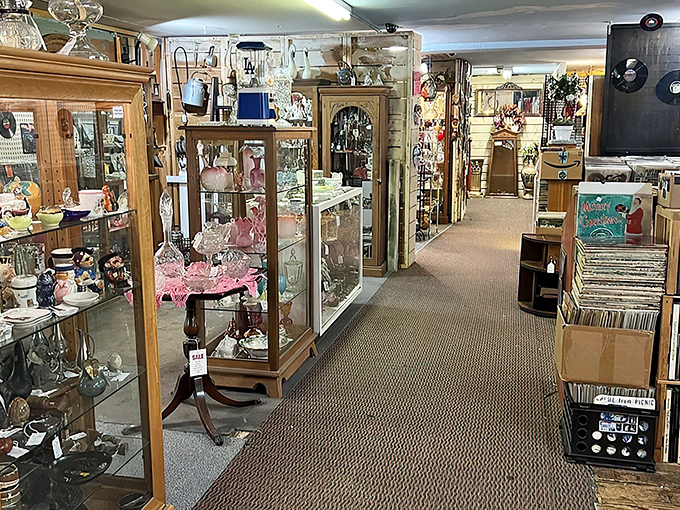 The storefront promises treasures within, like a book cover that actually tells you exactly what you're getting into – vintage wonders await behind that glass.
