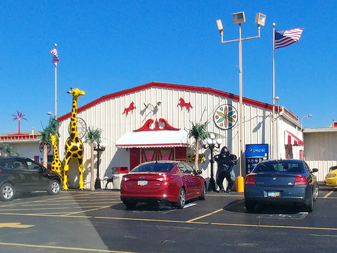 The iconic red and white barn exterior with those cheerful yellow giraffes standing guard—like carnival barkers who've found permanent employment in Lebanon, Ohio.
