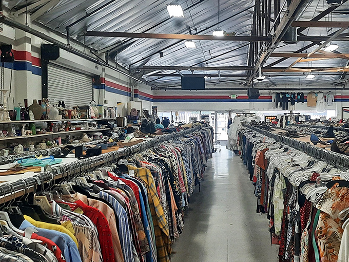 The unassuming exterior of Super Thrift Store beckons with its classic blue signage—proof that treasure hunting doesn't require a fancy storefront.