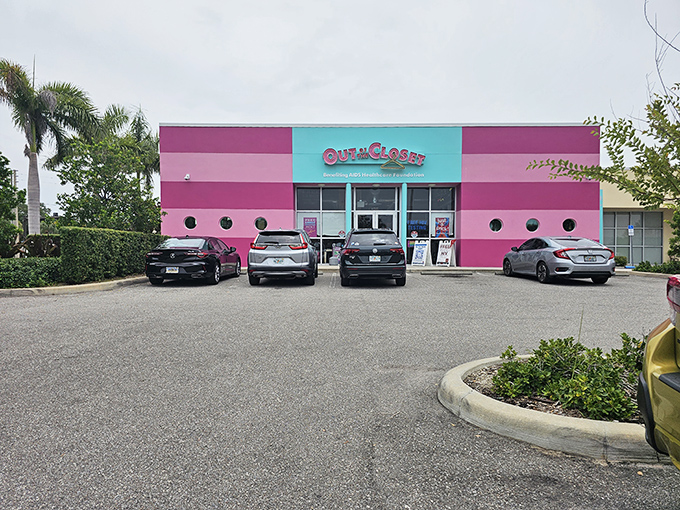 That pink and turquoise exterior isn't just eye-catching – it's practically a beacon for bargain hunters seeking retail salvation.