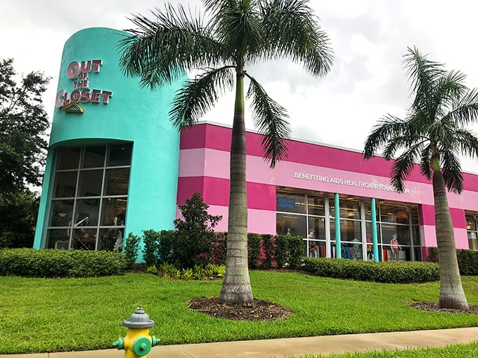 That pink and turquoise exterior isn't just eye-catching – it's practically a beacon for bargain hunters seeking retail salvation.