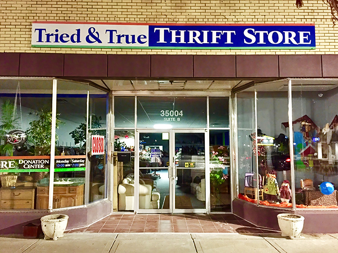 The welcoming facade invites bargain hunters with its no-frills approach and promise of hidden treasures within.