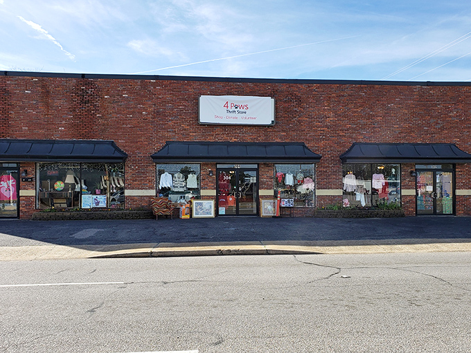 The unassuming brick façade of 4 Paws Thrift Store hides a treasure trove within. Like finding the wardrobe to Narnia, but for bargain hunters.