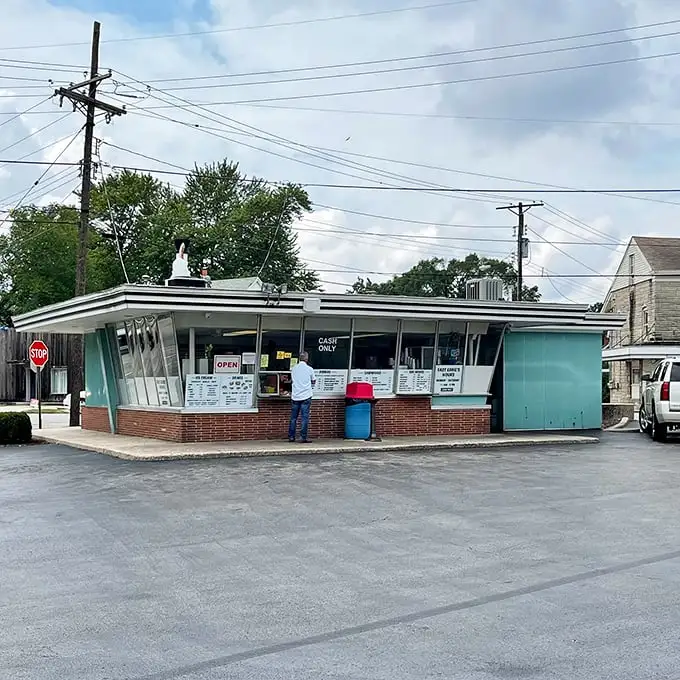 That iconic chicken sign stands proudly like a feathered beacon, promising crispy treasures within this turquoise temple.