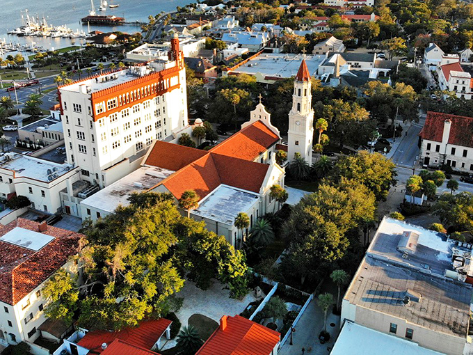 St. Augustine's skyline is a painter's dream – terra cotta rooftops and historic spires creating a European mirage on Florida's Atlantic coast.