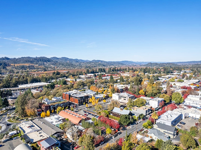 Rolling vineyards stretch toward misty mountains in Sonoma County, where Healdsburg's wine country offers a visual feast that rivals the actual feasting you'll do here.