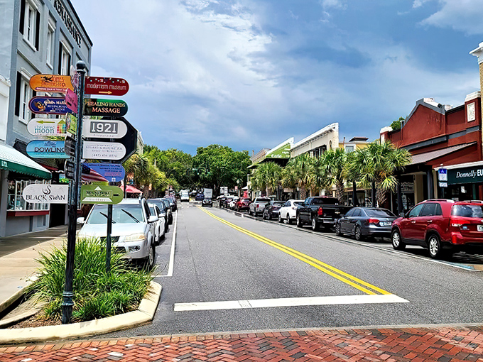Downtown Mount Dora's colorful directional signs point the way to adventure, like a treasure map for grown-ups with better restaurants at the end.