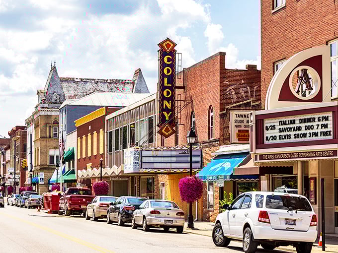 Downtown Gallipolis showcases the iconic Colony Theater marquee, where small-town charm meets vintage Americana without the big-city price tag.