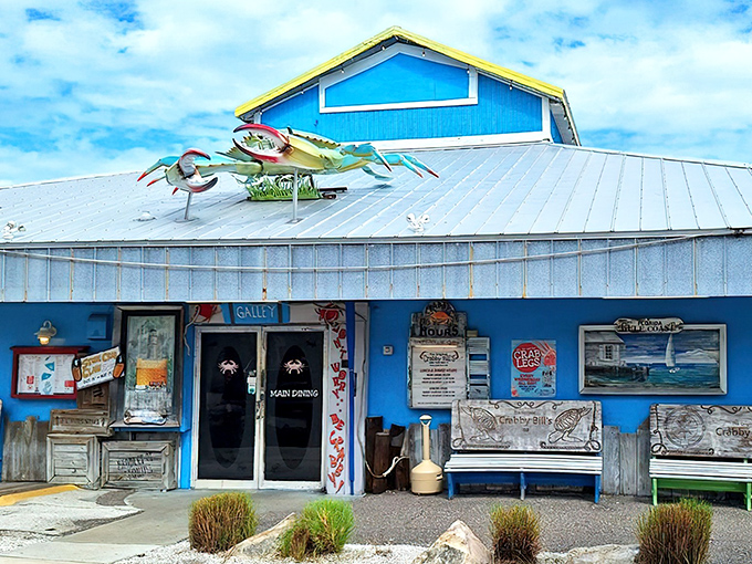 The iconic blue exterior with its giant crab sculpture isn't just eye-catching—it's practically screaming "fresh seafood lives here!" A Florida landmark that delivers on its colorful promise.