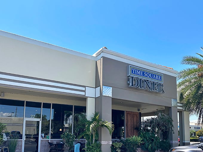 The unassuming exterior of Time Square Diner hides culinary treasures within. Florida palm trees stand guard at this Melbourne gem.