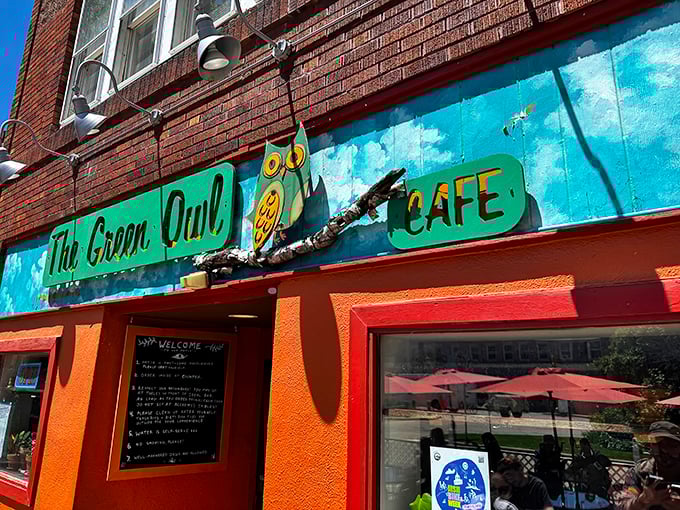 The vibrant turquoise storefront of The Green Owl Cafe brightens Atwood Avenue like a tropical bird in Wisconsin's urban landscape.