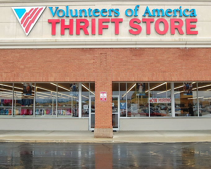 The unassuming brick exterior of VOA Thrift Store in Gahanna hides a treasure trove within—like finding a speakeasy, but for bargain hunters. 