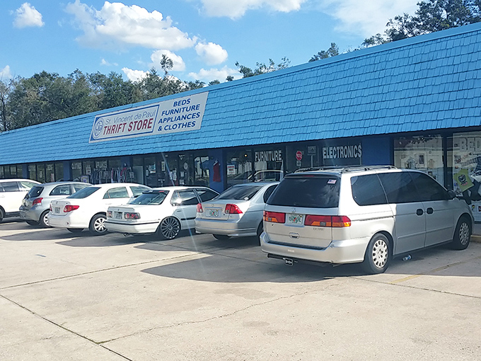 The iconic blue roof of St. Vincent de Paul Thrift Store stands out like a bargain-hunter's North Star, guiding savvy shoppers to treasure-filled aisles within.