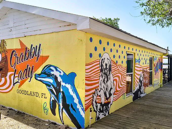 The sunshine-yellow exterior of Crabby Lady announces itself with all the subtlety of a Jimmy Buffett concert—complete with dolphins, dogs, and enough coastal charm to fill a beach novel.