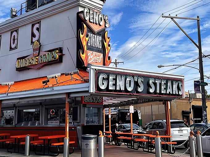 Neon paradise! Geno's Steaks lights up South Philly like Vegas on a cheesesteak budget, beckoning hungry pilgrims to its fluorescent shrine.