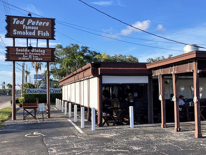 The unassuming exterior of Ted Peters has been luring seafood lovers for decades—proof that the best Florida experiences don't need fancy facades.