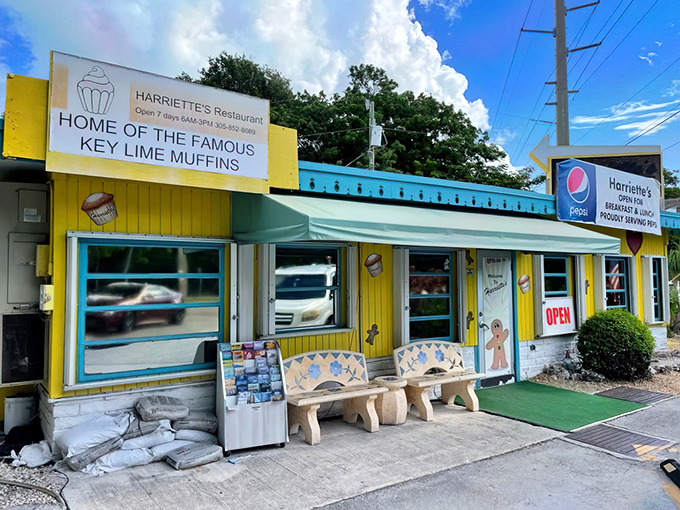 This cheerful yellow and turquoise diner practically waves hello from the Overseas Highway, promising breakfast magic inside.