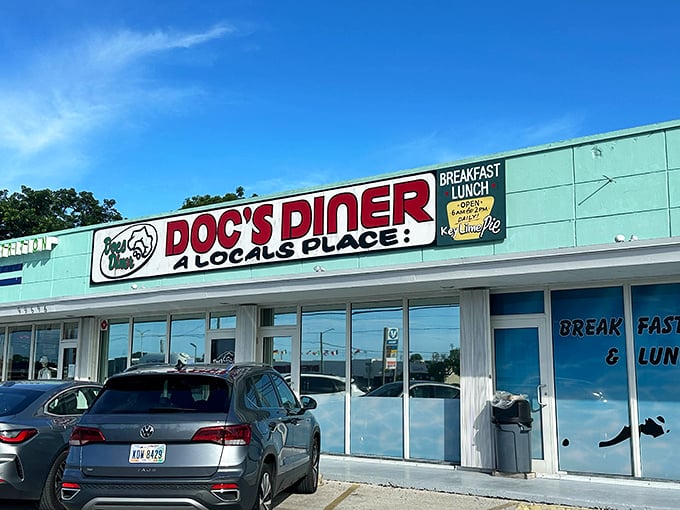 The unmistakable mint-green facade of Doc's Diner proudly declares itself "A LOCAL'S PLACE" – the Florida Keys equivalent of finding hidden treasure.